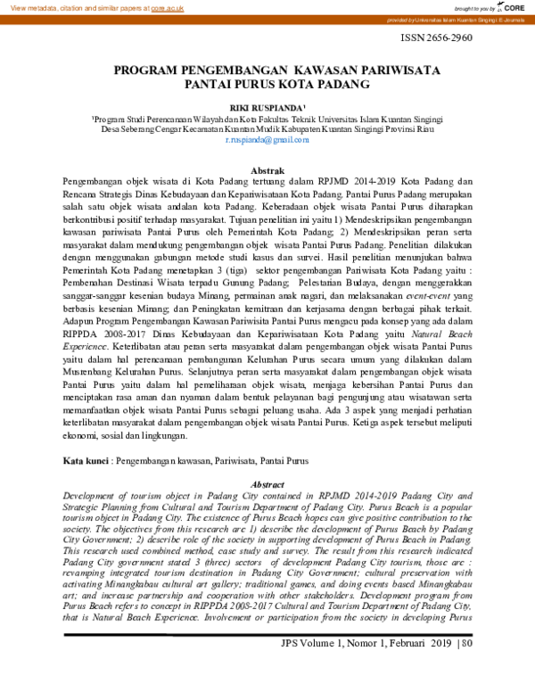 (PDF) Program Pengembangan Kawasan Pariwisata Pantai Purus Kota Padang