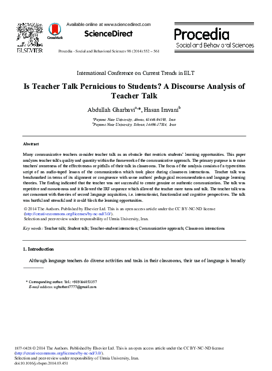 (PDF) Is Teacher Talk Pernicious to Students? A Discourse Analysis of ...