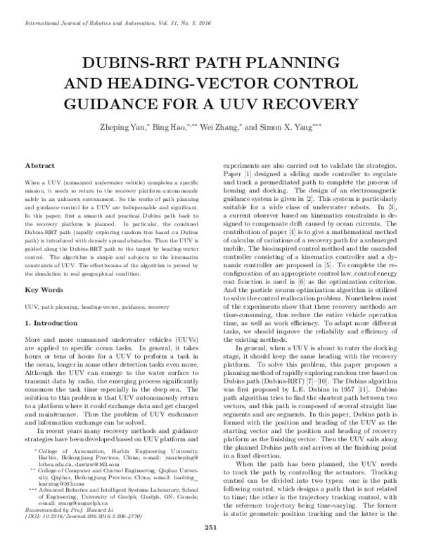 (PDF) Dubins-RRT Path Planning and Heading-Vector Control Guidance for a Uuv Recovery