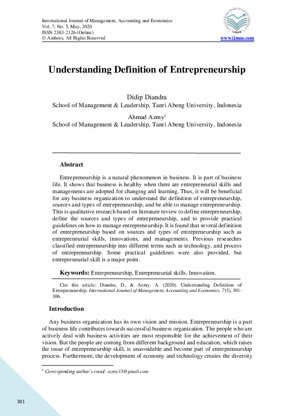 (PDF) Understanding Definition of Entrepreneurship