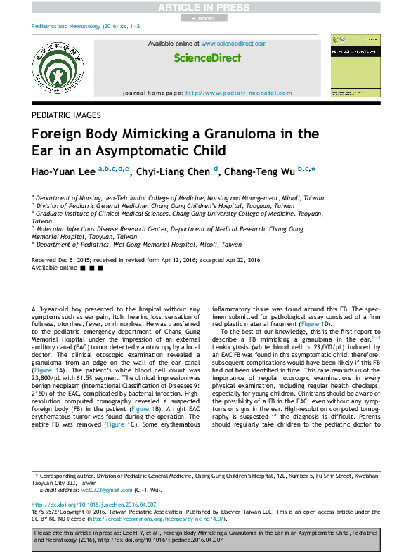 (PDF) Foreign Body Mimicking a Granuloma in the Ear in an Asymptomatic ...