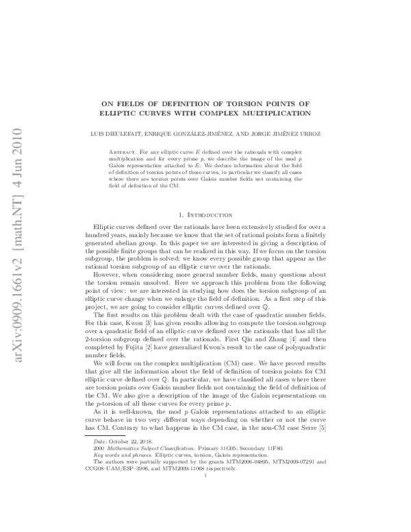 (PDF) On fields of definition of torsion points of elliptic curves with complex multiplication