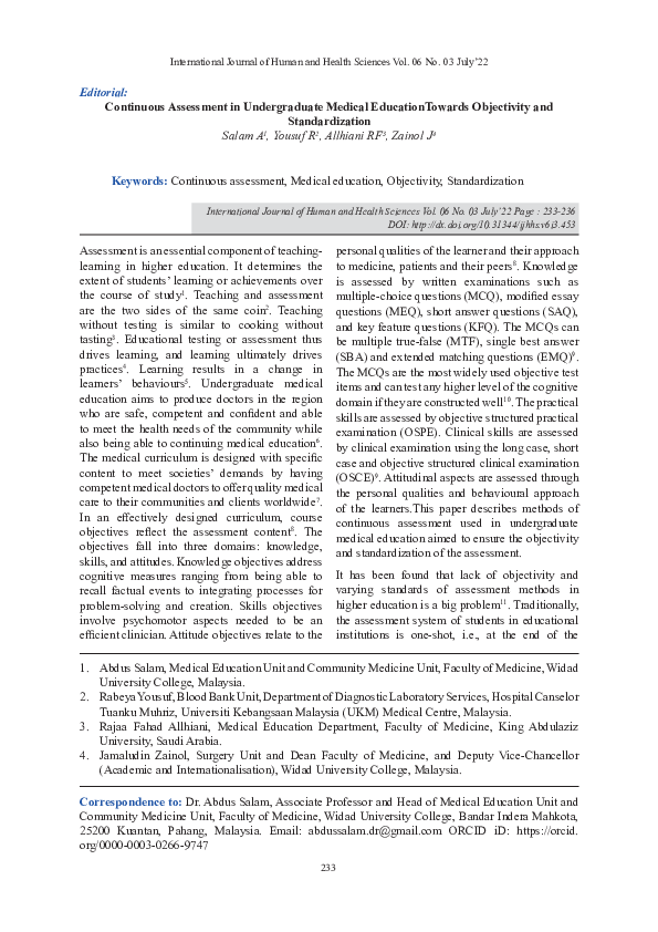 (PDF) Continuous Assessment in Undergraduate Medical EducationTowards Objectivity and ...
