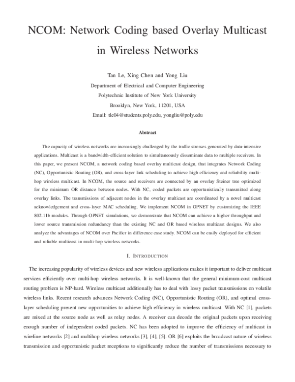 (PDF) NCOM: network coding based overlay multicast in wireless networks | Tấn Toàn Lê - Academia.edu
