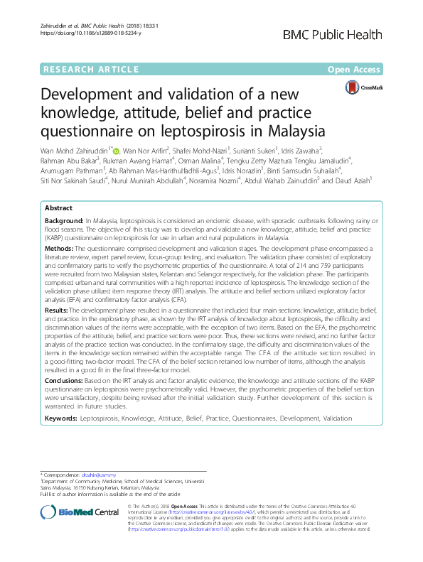 (PDF) Development and validation of a new knowledge, attitude, belief and practice questionnaire ...