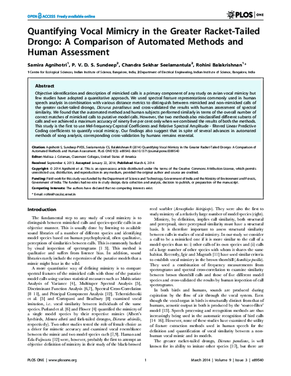 (PDF) Quantifying Vocal Mimicry in the Greater Racket-Tailed Drongo: A ...