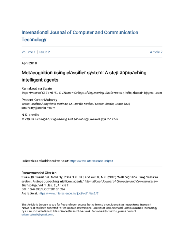 (PDF) Metacognition using classifier system: A step approaching intelligent agents | Narendra ...