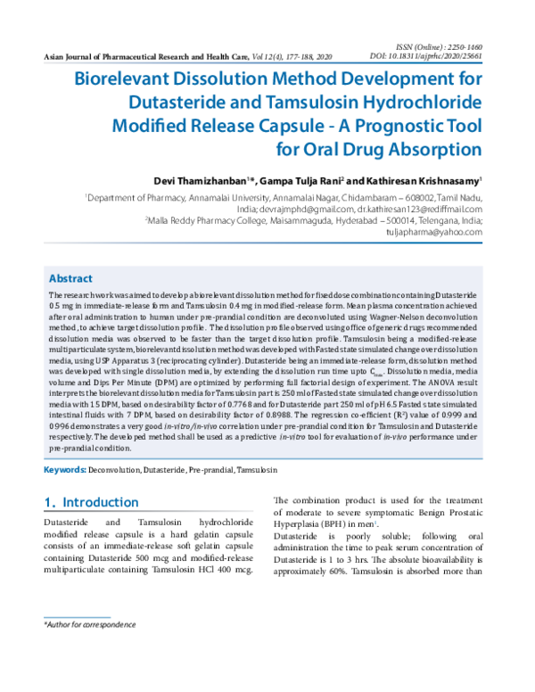 (PDF) Biorelevant Dissolution Method Development For Dutasteride/Tamsulosin Hydrochloride ...