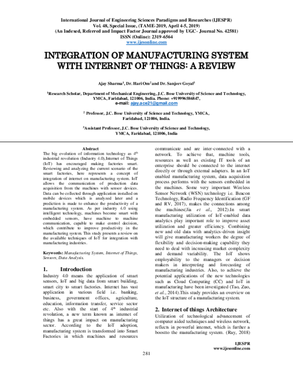 (PDF) INTEGRATION OF MANUFACTURING SYSTEM WITH INTERNET OF THINGS: A REVIEW
