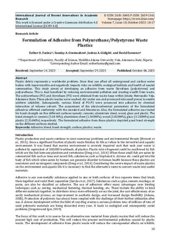 (PDF) Formulation of Adhesive from Polyurethane/Polystyrene Waste Plastics