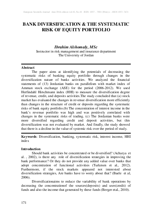 (PDF) Bank Diversification & the Systematic Risk of Equity Portfolio
