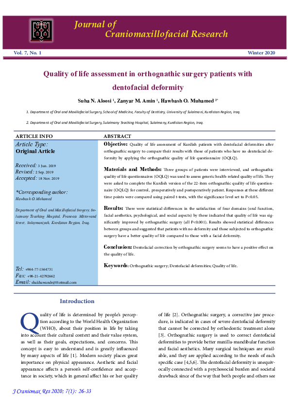 (PDF) Quality of life assessment in orthognathic surgery patients with dentofacial deformity:- a ...