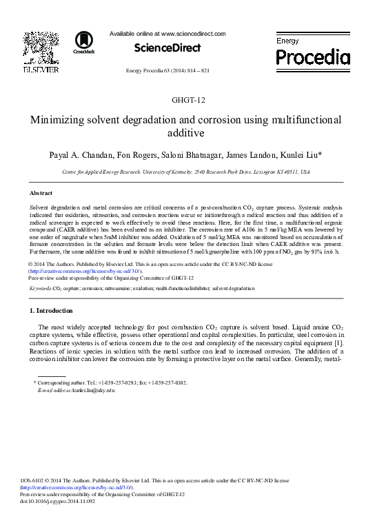 (PDF) Minimizing solvent degradation and corrosion using multifunctional additive | Kunlei Liu ...