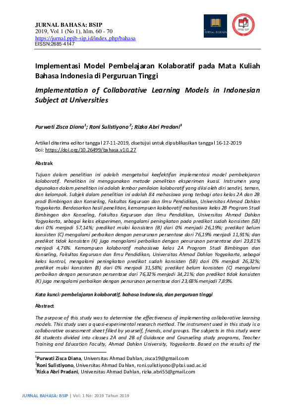(PDF) Implementasi Model Pembelajaran Kolaboratif pada Mata Kuliah Bahasa Indonesia di Perguruan ...