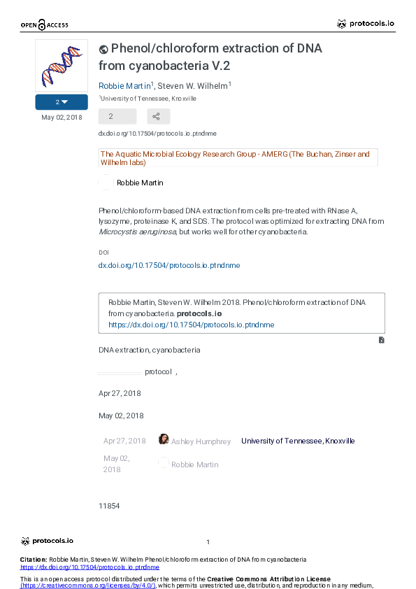 (PDF) Phenol/chloroform extraction of DNA from cyanobacteria v2 (protocols.io.ptndnme)