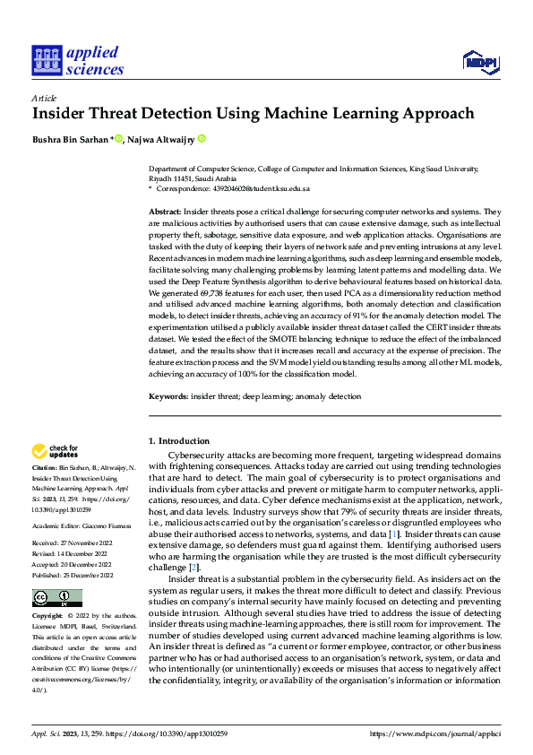 Pdf Insider Threat Detection Using Machine Learning Approach
