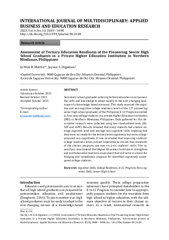 (PDF) Assessment of Tertiary Education Readiness of the Pioneering ...