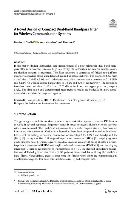 (PDF) A Novel Design of Compact Dual-Band Bandpass Filter for Wireless Communication Systems