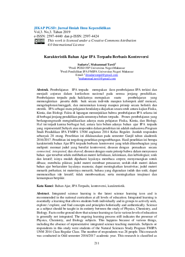 (PDF) Karakteristik Bahan Ajar IPA Terpadu Berbasis Kontroversi