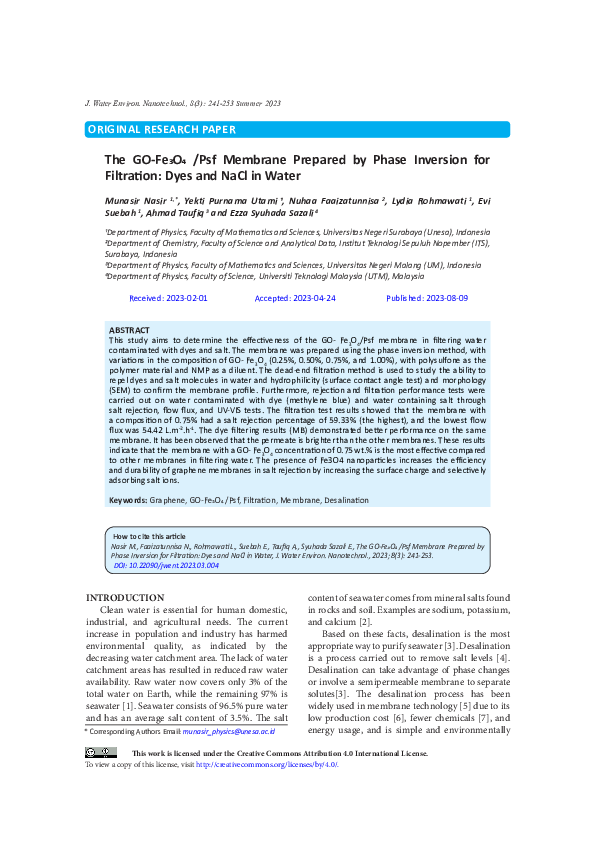 (PDF) The GO-Fe3O4 /Psf Membrane Prepared by Phase Inversion for ...