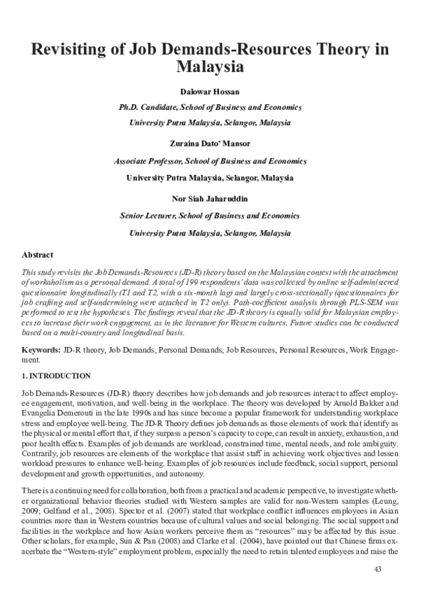 (PDF) Revisiting of Job Demands Resources Theory in Malaysia