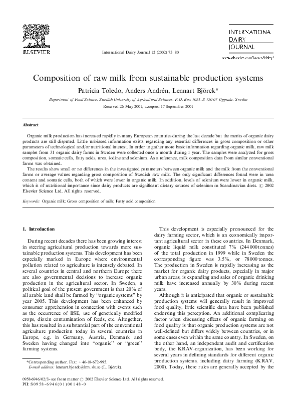 (PDF) Composition of raw milk from sustainable production systems