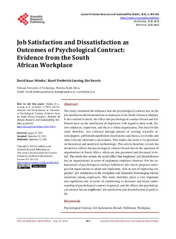 (PDF) Job Satisfaction and Dissatisfaction as Outcomes of Psychological Contract: Evidence from ...