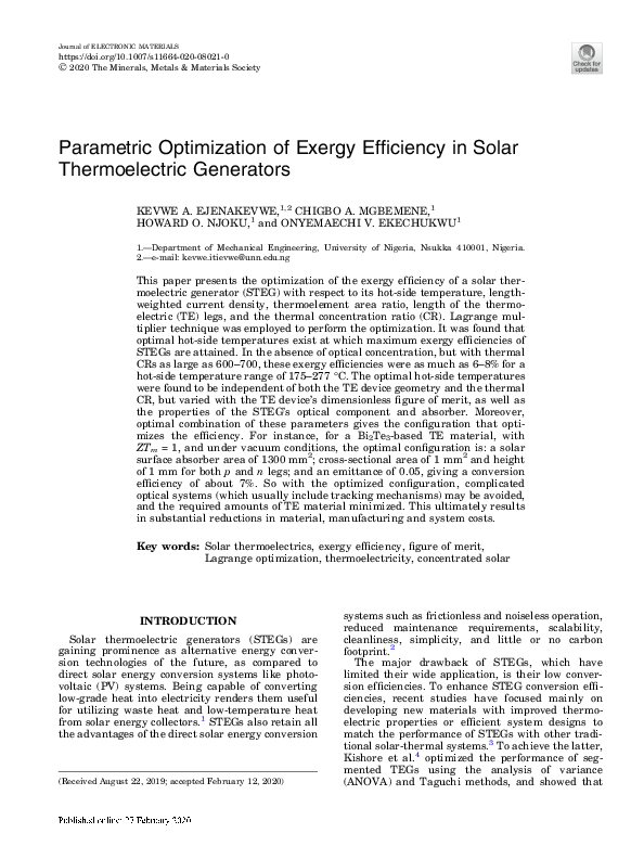 (PDF) Parametric Optimization of Exergy Efficiency in Solar ...