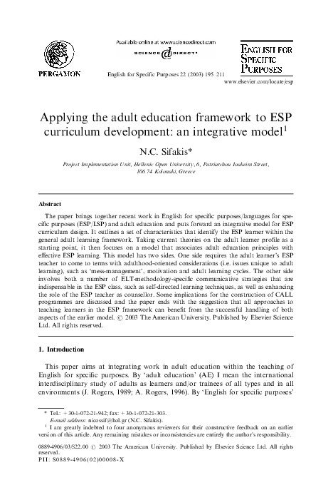 (PDF) Applying the adult education framework to ESP curriculum development: an integrative model ...