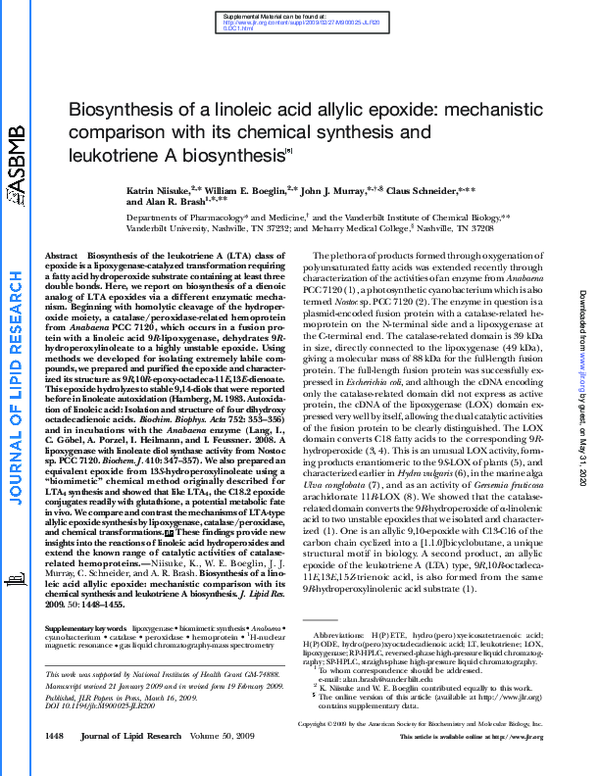 (PDF) Biosynthesis of a linoleic acid allylic epoxide: mechanistic ...