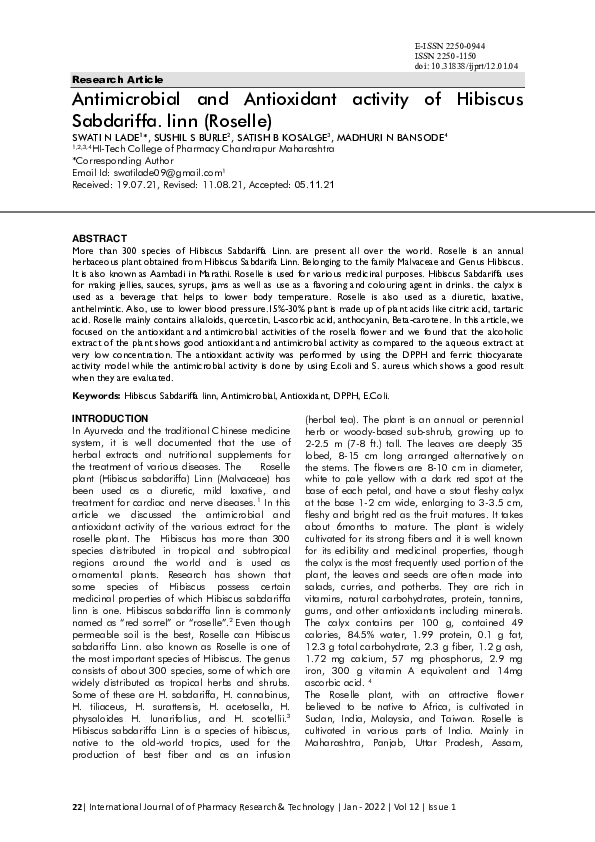 (PDF) Antimicrobial and Antioxidant activity of Hibiscus Sabdariffa. linn (Roselle