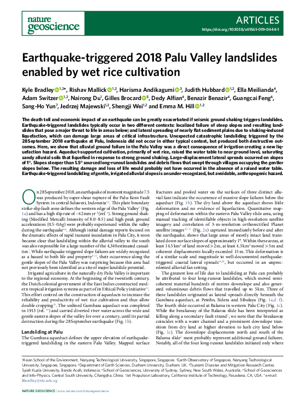(PDF) Earthquake-triggered 2018 Palu Valley landslides enabled by wet rice cultivation