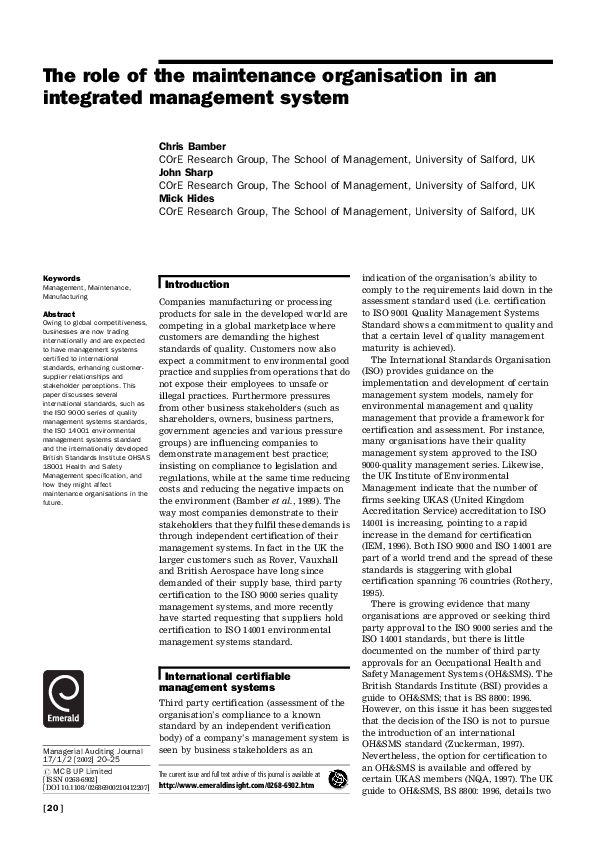 (PDF) The role of the maintenance organisation in an integrated management system