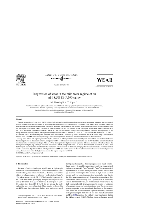(PDF) Progression of wear in the mild wear regime of an Al-18.5% Si ...