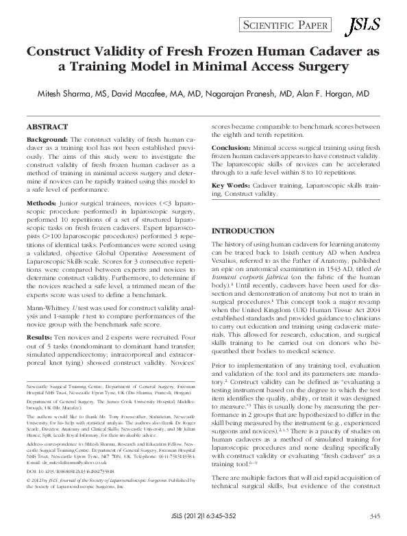 (PDF) Construct Validity of Fresh Frozen Human Cadaver as a Training ...