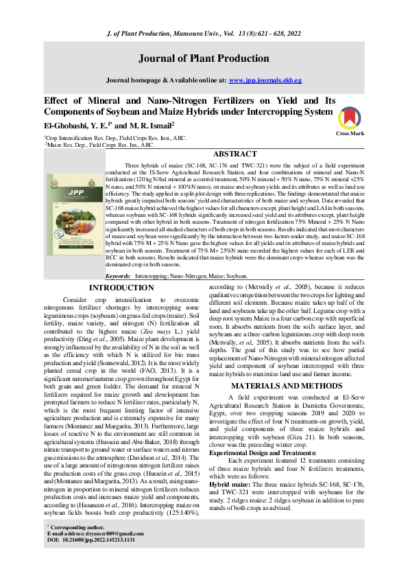 (PDF) Effect of Mineral and Nano-Nitrogen Fertilizers on Yield and Its Components of Soybean and ...