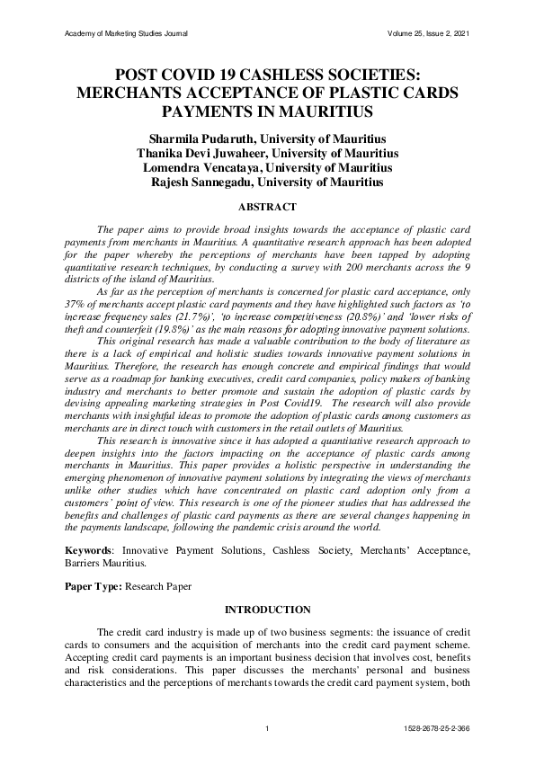 (PDF) Post Covid 19 Cashless Societies: Merchants Acceptance of Plastic ...
