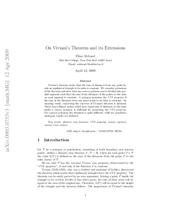 (PDF) On Viviani's Theorem and its Extensions