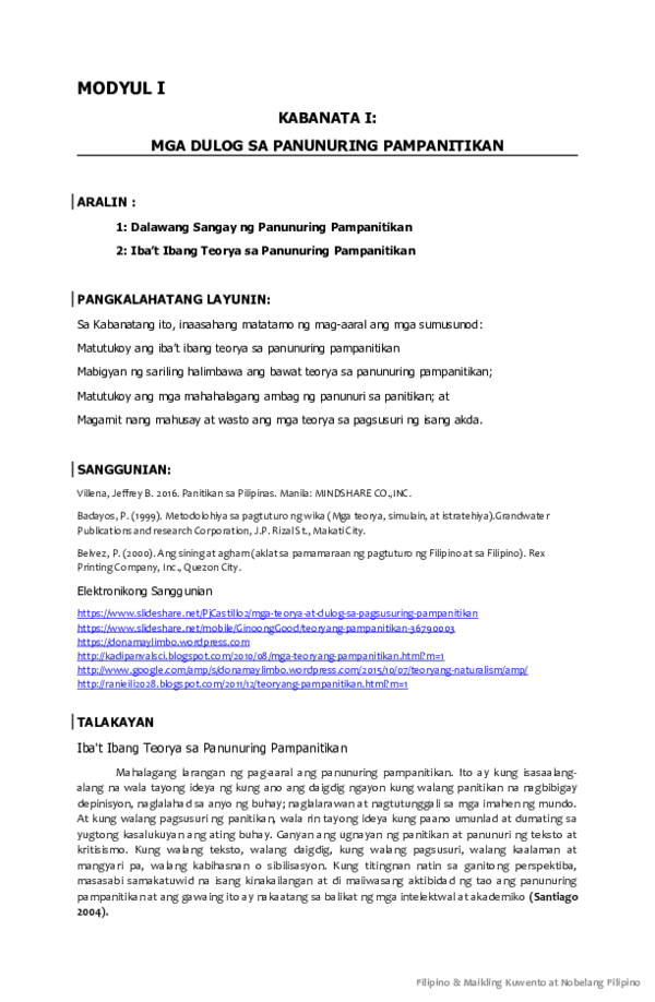 (PDF) Filipino 8: Maikling Kuwento at Nobelang Filipino MODYUL I ...