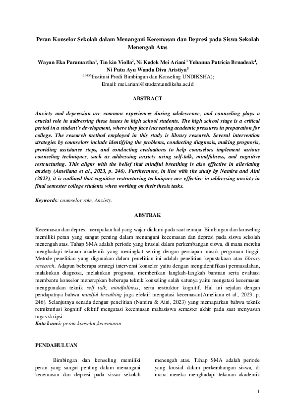 (PDF) Peran Konselor Sekolah dalam Menangani Kecemasan dan Depresi pada ... (PDF) Peran Konselor Sekolah dalam Menangani Kecemasan dan Depresi pada ...