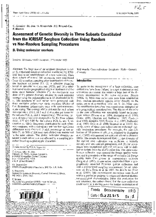 (PDF) Assessment of Genetic Diversity in Three Subsets Constituted from the ICRISAT Sorghum ...