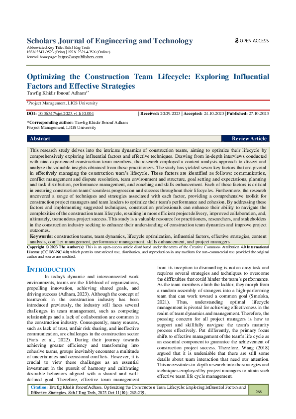 (PDF) Optimizing the Construction Team Lifecycle: Exploring Influential Factors and Effective ...