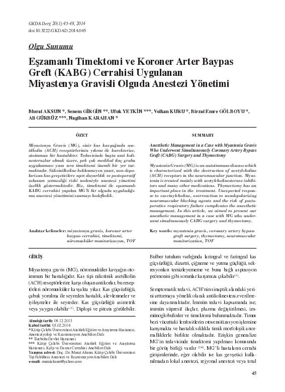 (PDF) Anesthetic Management in a Case with Myastenia Gravis Who ...
