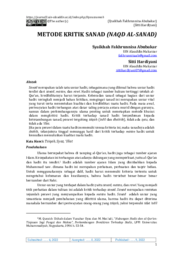 (PDF) METODE KRITIK SANAD (NAQD AL-SANAD