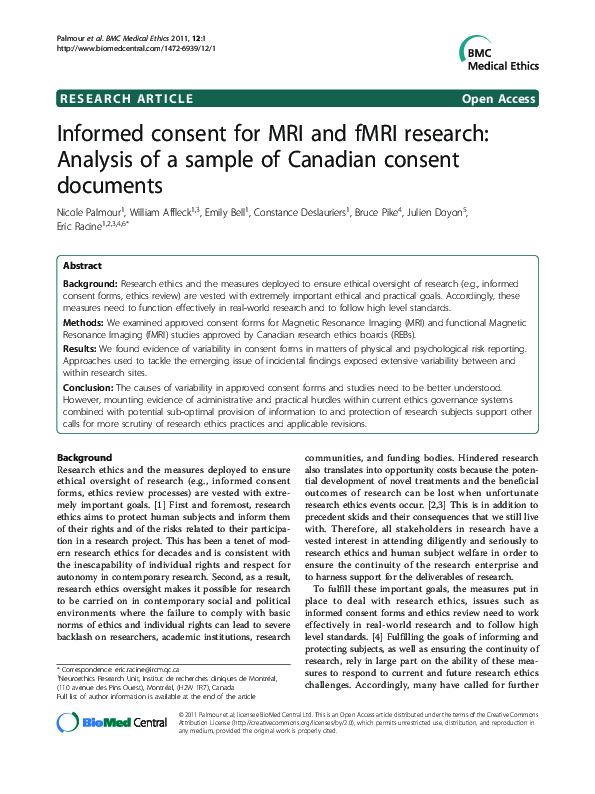 (PDF) Informed consent for MRI and fMRI research: Analysis of a sample ...