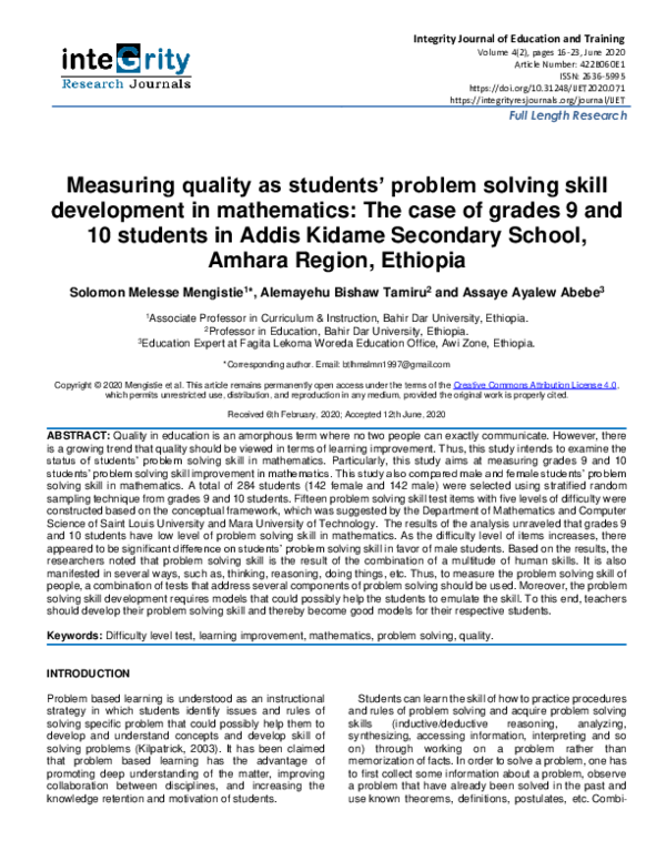 (PDF) Measuring quality as students problem solving skill development in mathematics: The case ...