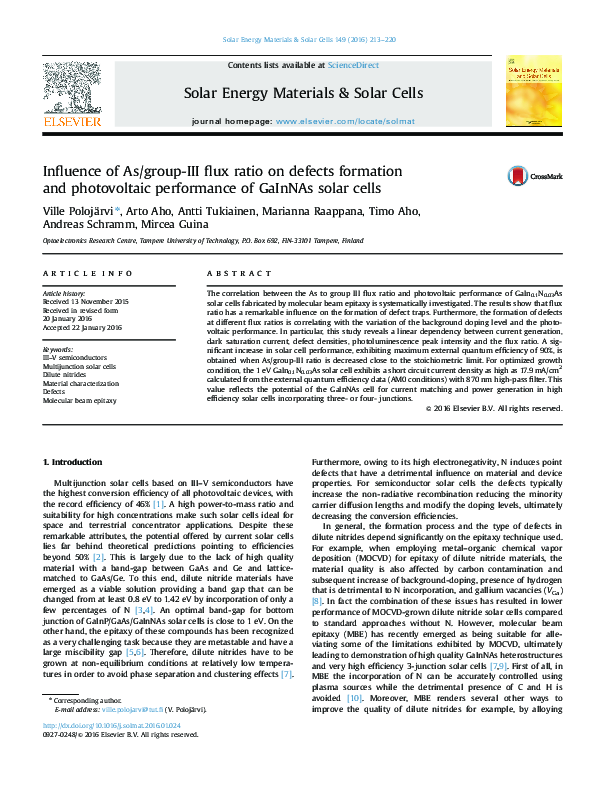 (PDF) Influence of As/group-III flux ratio on defects formation and ...
