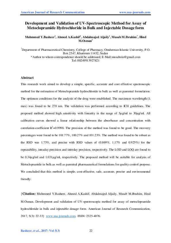 (PDF) Development and Validation of UV-Spectroscopic Method for Assay of Metoclopramide ...