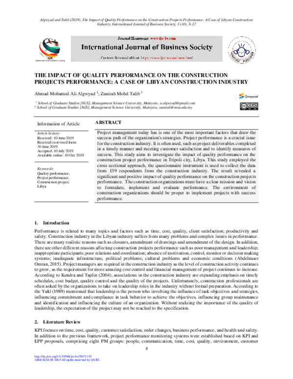 Pdf The Impact Of Quality Performance On The Construction Projects Performance A Case Of