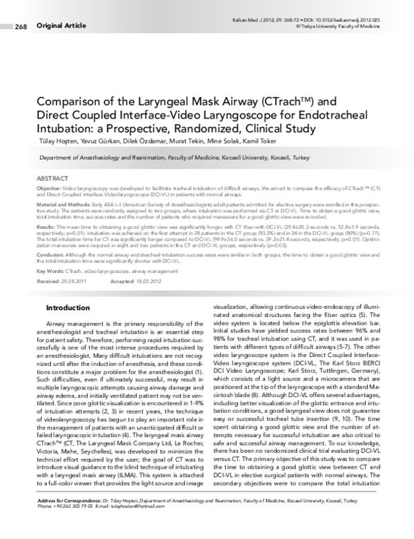 (PDF) Comparison of the Laryngeal Mask Airway (CTrach(TM)) and Direct ...